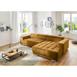 Die PlanBar Ecksofa &raquo;MP-IN15053 L-Form extra breiter Schenkel&laquo; mit Kopfteilverstellung, wahlweise mit manueller Vorziehbank gelb 100% Polyester