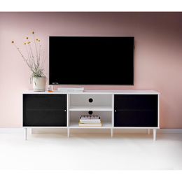 TV-Board &raquo;Mistral Fernsehschrank, Medienm&ouml;bel&laquo; zwei T&uuml;ren mit Akustikstoff, 6 Holz F&uuml;&szlig;e, Lowboard: B: 161,5 cm schwarz MDF, Massivholz, Spanplatte, 