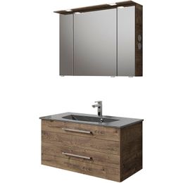 Badm&ouml;bel-Set &raquo;Serie 6025 2-teilig Mineralmarmor-Waschtisch mit LED-Spiegelschrank&laquo; 2 Stk. tlg. braun Spanplatte