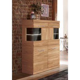 OTTO home Highboard &raquo;Ribe,85cm breit,115cm hoch, Fronten Massivholz,4 breite F&auml;cher&laquo; Korpus Holzwerkstoff,2T&uuml;ren mit Glaseinsatz, B&ouml;den versetzbar 