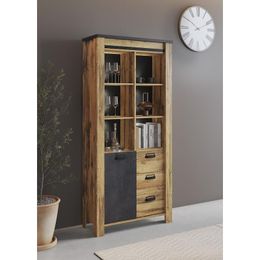 Home Affaire Vitrine &raquo;York, moderner Hochschrank, Schrank in Hunton Oak Dekor&laquo; mit Apothekergriffen aus Metall, Industrialdesign, 200 cm hoch grau