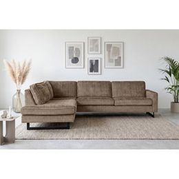Home Affaire Ecksofa &raquo;Pinto, 290 cm, Cord, Chenille, Lederoptik, Ottomane links / rechts&laquo; mit Keder, schwarze Metallf&uuml;&szlig;e, Wellenunterfederung 100% 