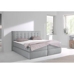 Home Affaire Boxspringbett &raquo;Sagres&laquo; Kopfteil mit 2farbiger Flatterbiese und zweifarbigen Kn&ouml;pfen grau Feinstruktur(100% Polyester);Bezug der 