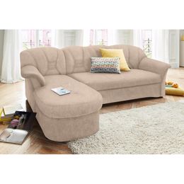 DOMO collection Ecksofa &raquo;Elva, zeitloses Design, elegante R&uuml;ckensteppung, Breite 233cm L-Form&laquo; wahlweise mit Bettfunktion und Federkern beige 