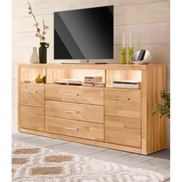 OTTO home Sideboard &raquo;Ribe,180cm breit, Fronten Massivholz,7 F&auml;cher&laquo; Holz massiv, Holzwerkstoff, Metall Griffe,2T&uuml;ren,3Schubladen beige Holz teilmassiv