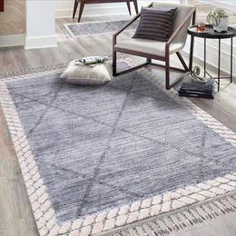 Carpet City Hochflor-Teppich &raquo;Valencia 909&laquo; rechteckig 20 mm H&ouml;he L&auml;ufer, Boho-Stil, 3D-Effekt, Relief, Hoch-Tief-Struktur, mit Fransen blau Polypropylen