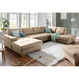 Home Affaire Wohnlandschaft &raquo;Puccini U-Form&laquo; mit Federkern, Sitztiefenverstellung, Kontrastnaht beige Luxus-Microfaser (100% Polyester);Luxus-