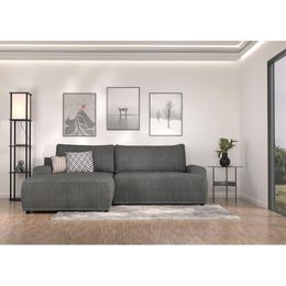 Trendmanufaktur Ecksofa &raquo;Fordon, Schlafsofa mit Bettkasten, Couch in L-Form, Breite 250 cm&laquo; in Cordstoff HYPER, dunkelgrau, Recamiere links grau 92% 