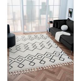 MyFlair Hochflor-Teppich &raquo;Moroccan Mural&laquo; rechteckig 24 mm H&ouml;he modern, marokkanisches Design, flauschig weich, mit Fransen schwarz-wei&szlig; Polyester, 
