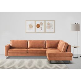 Home Affaire Ecksofa &raquo;Pinto, 290 cm, Cord, Chenille, Lederoptik, Ottomane links / rechts&laquo; mit Keder, schwarze Metallf&uuml;&szlig;e, Wellenunterfederung braun 