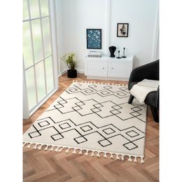 MyFlair Hochflor-Teppich &raquo;Moroccan Mural&laquo; rechteckig 24 mm H&ouml;he modern, marokkanisches Design, flauschig weich, mit Fransen schwarz-wei&szlig; Polyester, 