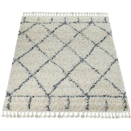 Paco Home Hochflor-Teppich &raquo;Nador 755&laquo; rechteckig 54 mm H&ouml;he weicher Shaggy mit Rauten Design und Fransen beige Polyester