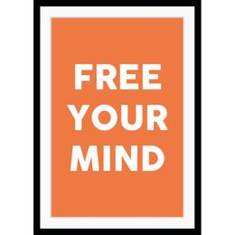 queence Bild &raquo;FREE YOUR MIND&laquo; Motivationsbilder Schriftzug Spr&uuml;che & Texte HD Premium Poster-Druck inkl. Holzrahmen schwarz Acrylglas, Holz, Papier