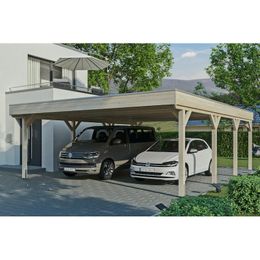 Skan Holz Doppelcarport &raquo;Grunewald&laquo; Leimholz natur mit Aluminiumdach beige