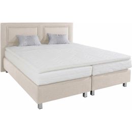 Westfalia Schlafkomfort Boxspringbett inkl. Kaltschaum-Topper und Zierkissen beige Bezug Topper 100% Polyester, waschbar bis 60&deg;C;Bezug Unterbox und Kopfteil: Strukturstoff (