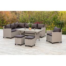 Merxx Garten-Essgruppe &raquo;Palma&laquo; 1x Eckbank, 1x Sessel, 2x Hocker, 1x Tisch 144x67cm, mit Kissen, 5 Stk. tlg. pulverbeschichteter Stahl, Polyrattan 