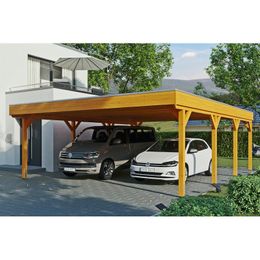 Skan Holz Doppelcarport &raquo;Grunewald&laquo; Leimholz hellbraun mit EPDM-Dach braun