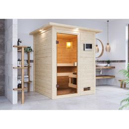 Karibu Sauna &raquo;"Sandy" mit bronzierter T&uuml;r und Kranz, Ofen 9 kW, naturbelassen&laquo; aus hochwertiger nordischer Fichte und 9 kW Ofen mit integr. Steuerung