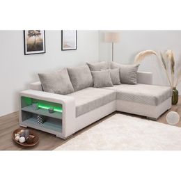 Collection AB Ecksofa &raquo;L-Form&laquo; Regalarmlehne mit LED RGB Beleuchtung,Bettfunktion und Bettkasten silber 100%Polyester