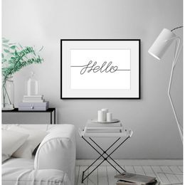 queence Bild &raquo;Hello&laquo; Schriftzug Schriftz&uuml;ge Schwarz-Wei&szlig; Spr&uuml;che & Texte 1 Stk. tlg. HD Premium Poster-Druck inkl. Holzrahmen wei&szlig; Acrylglas, Holz, 