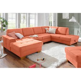 Home Affaire Wohnlandschaft &raquo;Puccini U-Form&laquo; mit Federkern, Sitztiefenverstellung, Kontrastnaht orange Luxus-Microfaser (100% Polyester);Luxus-