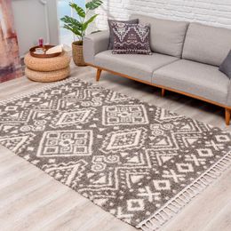 Carpet City Hochflor-Teppich &raquo;Pulpy 541&laquo; rechteckig 30 mm H&ouml;he besonders weich, mit Fransen, Ethno Look grau Kunstfaser