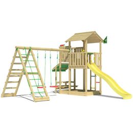Jungle Gym Spielturm &raquo;Veranda&laquo; Spielanlage mit Schaukel, Kletterbock und Rutsche mit Wasseranschluss gelb Holzwerkstoff