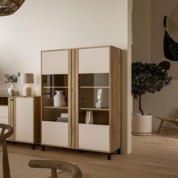 FORTE Highboard &raquo;Killarney&laquo; Highboardvitrine, Stauraum, Soft Close beige Dekorfolie, Glas, MDF, Metall, Spanplatte