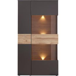 FORTE Vitrine &raquo;Como&laquo; Highboard, LED Beleuchtung Einlegeb&ouml;den, Glast&uuml;re, Soft Close grau FSC -zertifizierter Holzwerkstoff