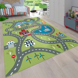 Paco Home Kinderteppich &raquo;Bino 562&laquo; rechteckig 4 mm H&ouml;he Kurzflor, Stra&szlig;en-Spiel-Teppich, Motiv Flughafen, Kinderzimmer gr&uuml;n Polyester