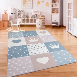 Paco Home Kinderteppich &raquo;Eliz 391&laquo; rechteckig 12 mm H&ouml;he Kurzflor, Spielteppich, Patchwork-Muster, Motiv Krone, Herz & Punkte beige Polyester