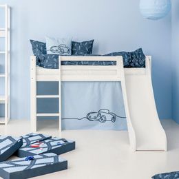 Hoppekids Hochbett &raquo;&laquo;Cars&raquo;&laquo; Rutsche & Vorhang Blau und viel Auswahl wei&szlig; Bett: 100% Massivholz, Nordische Kiefer;Rutsche: MDF;Vorhang: 100% Baumwolle;Matratze: 