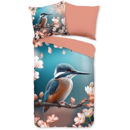 Good Morning Wendebettw&auml;sche &raquo;Monti&laquo; 3 Stk. tlg. 100% Baumwolle, Renforc&eacute;, Rei&szlig;verschluss, Wendeoptik, Blumen, Eisvogel orange Renforc&eacute;, Obermaterial: