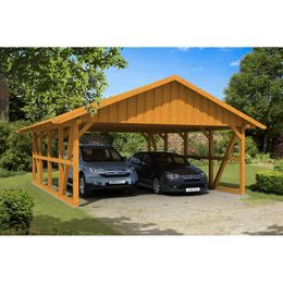 Skan Holz Doppelcarport &raquo;Schwarzwald&laquo; Massivholz 560 cm Eiche hell mit Dachschalung braun
