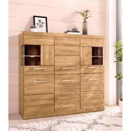 OTTO home Highboard &raquo;Ribe,125cm breit,115cm hoch, Fronten Massivholz,5T&uuml;ren,3 Schubladen&laquo; Holz massiv, Holzwerkstoff, Metall Griffe,10F&auml;cher, B&ouml;den 