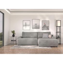 Trendmanufaktur Ecksofa &raquo;Fordon, Schlafsofa mit Bettkasten, Couch in L-Form, Breite 250 cm&laquo; in Cordstoff HYPER, betongrau, Recamiere rechts blau 92% 