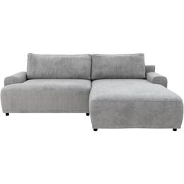 Trendmanufaktur Ecksofa &raquo;Fordon, Schlafsofa mit Bettkasten, Couch in L-Form, Breite 250 cm&laquo; in Cordstoff HYPER, betongrau, Recamiere rechts blau 92% 