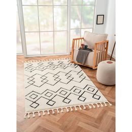 MyFlair Hochflor-Teppich &raquo;Moroccan Mural&laquo; rechteckig 24 mm H&ouml;he modern, marokkanisches Design, flauschig weich, mit Fransen schwarz-wei&szlig; Polyester, 