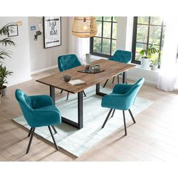 Salesfever Essgruppe &raquo;Stilvolle Essgruppe&laquo; Set, 5 Stk. tlg. 5-teilige Sitzgruppe mit 360&deg; Drehplatte und echter Baumkante blau Massivholz, Metall, 