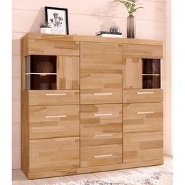 OTTO home Highboard &raquo;Ribe,125cm breit,115cm hoch, Fronten Massivholz,5T&uuml;ren,3 Schubladen&laquo; Holz massiv, Holzwerkstoff, Metall Griffe,10F&auml;cher, B&ouml;den 
