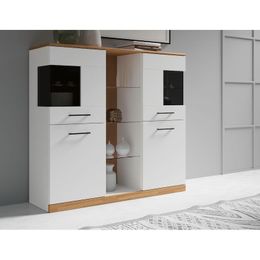 OTTO home Highboard &raquo;Ribe,120cm breit,112cm hoch,Oberplatte massiv,12 F&auml;cher&laquo; Oberplatte Massivholz,schwarze Metall Griffe,2 T&uuml;ren mit Glaseinsatz 