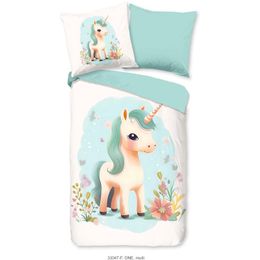 Good Morning Kinderbettw&auml;sche &raquo;One&laquo; 2 Stk. Flanell, Biber, 135x200, Warm, Wende, M&auml;dchen, Einhorn, Wei&szlig;, T&uuml;rkis blau Flanell, Obermaterial: 100% 