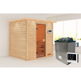 Karibu Sauna &raquo;"Ricky" mit bronzierter T&uuml;r und Kranz, naturbelassen&laquo; aus hochwertiger nordischer Fichte. 9 kW Ofen und integr. Steuerung beige