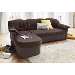 DOMO collection Ecksofa &raquo;Elva, zeitloses Design, elegante R&uuml;ckensteppung, Breite 233cm L-Form&laquo; wahlweise mit Bettfunktion und Federkern braun 