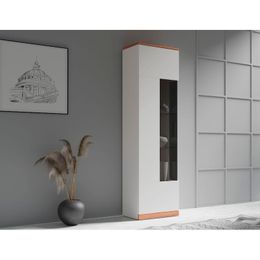 OTTO home Vitrine &raquo;Ribe,180cm hoch,5 F&auml;cher,2 Glasb&ouml;den variabel einsetzbar&laquo; Oberplatte Kernbuche massiv,dunkles Glas, schwarze Metall Griffe wei&szlig; 