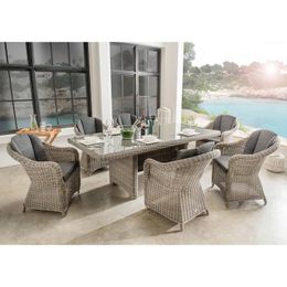 Destiny Garten-Essgruppe &raquo;MALAGA LUNA&laquo; Set, 19 Stk. tlg. Polyrattan, 6 Sessel + Tisch 200x100x75cm, inkl. Auflagen grau Aluminium, Geflecht Rattan, Polyrattan