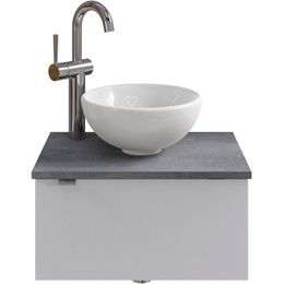 Waschtisch &raquo;Serie 6915 Waschschale mit Unterschrank f&uuml;r G&auml;stebad, G&auml;ste WC&laquo; Keramik-Aufsatzbecken, Waschtischplatte, Waschtischunterschrank, 3 Stk. 