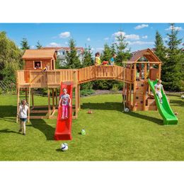 Fungoo Spielturm &raquo;MAXI SET JOYFUL CASTEL&laquo; mit Schaukel & Rutsche, Klettererweiterung, Spielhaus, Sandkasten rot Holz, Metall, Polyethylen