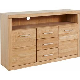 OTTO home Sideboard &raquo;Ribe,130cm breit,80cm hoch,Oberplatte Holz massiv,6 F&auml;cher&laquo; Holz massiv, Holzwerkstoff, Metall Griffe,2 T&uuml;ren,3 Schubladen braun 