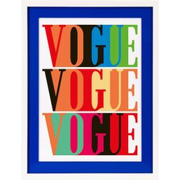 queence Bild mit Rahmen &raquo;Vogue, Spr&uuml;che, Text&laquo; Fashion Kunst Magazincover 1 Stk. tlg. Poster mit buntem Acrylglas Passepartout blau Acrylglas, Holz